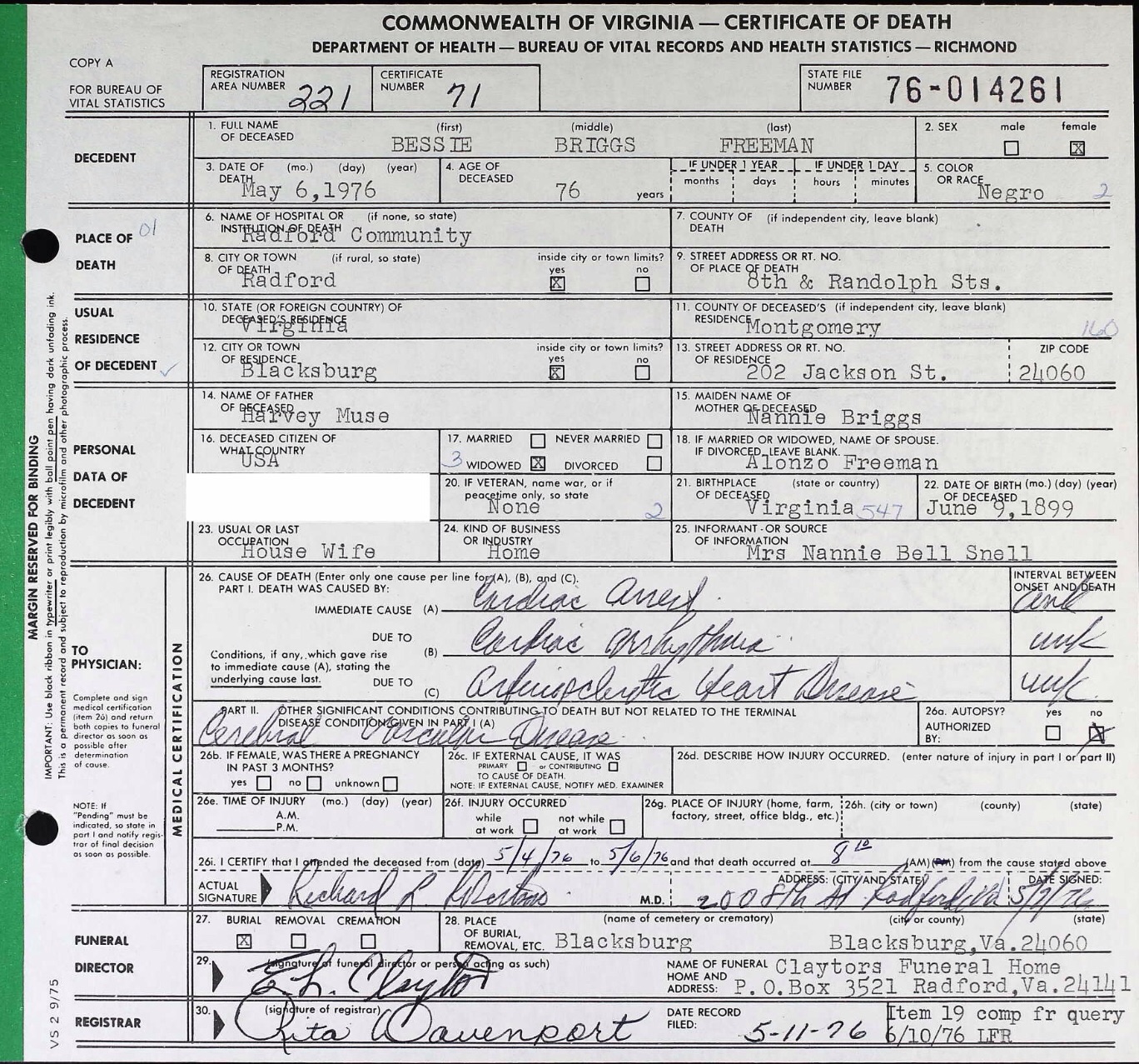 Resource Series: Death Certificates – Gathering Blacksburg History